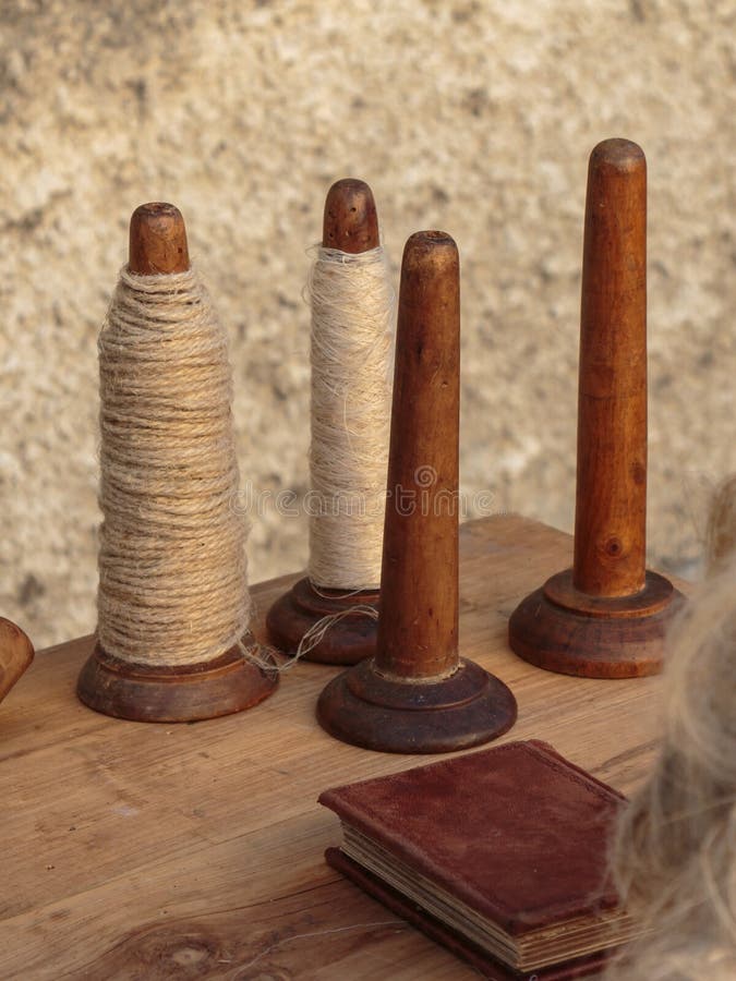 Wooden Spindles Bobbins on Table Stock Image - Image of antique ...