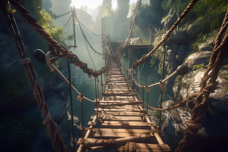 Old Wooden Suspension Rope Bridge between Rocks Stock Illustration ...