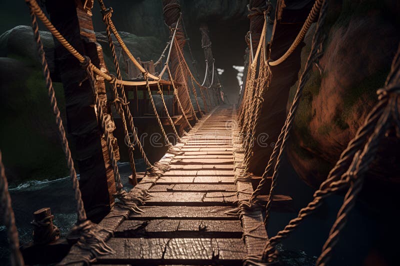 Old Wooden Suspension Rope Bridge between Rocks 1 Stock Illustration ...