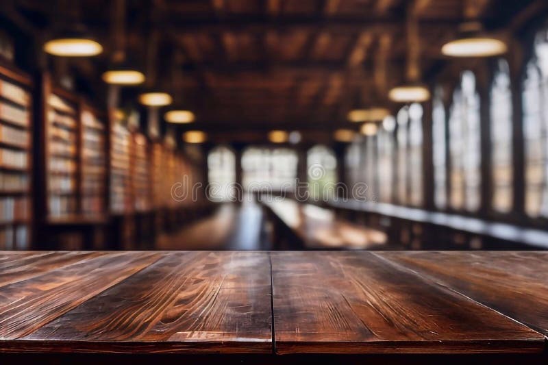Old Wooden Table in the Background of the Ancient Library Stock ...