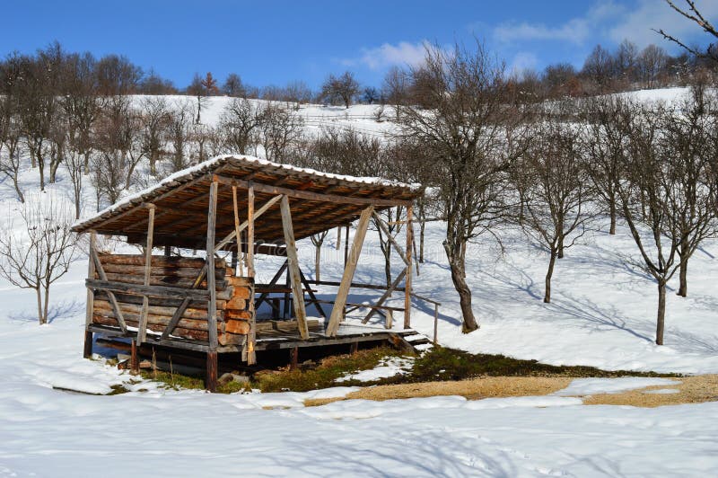 Old Wooden Terrace in the Snow Stock Image - Image of snow, landscape ...