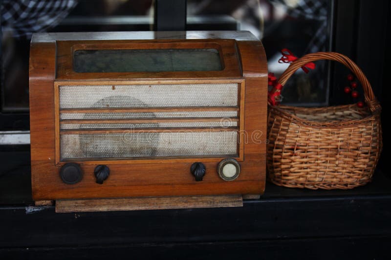 An Old Wooden Transistor and a Wicker Basket Stock Image - Image of ...