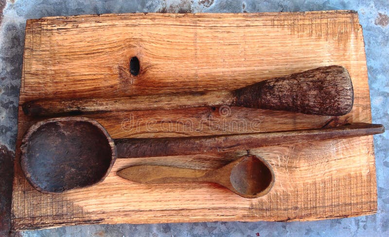 Retro Kitchen Utensils Tools On Old Wooden Table In Rustic Style Stock ...