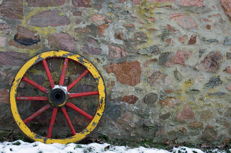 Old Wooden Wagon Wheel and Barrel Stock Photo - Image of winter ...
