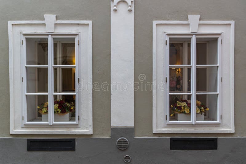 Old Wooden White Windows with Flowers in Old Building Stock Image ...