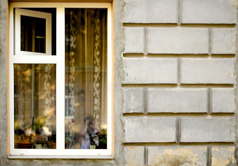 Old Wooden Windows Frame on Cement Cracked Wall Stock Image - Image of ...