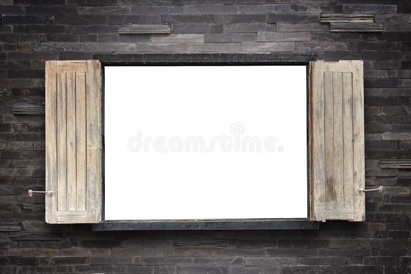 Old Wooden Windows Frame on Stone Wall with Empty Space Stock Photo ...