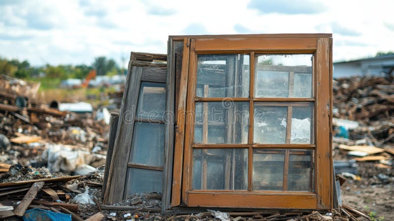Old Wooden Windows Leaning Against a Pile of Debris Outdoors Stock ...