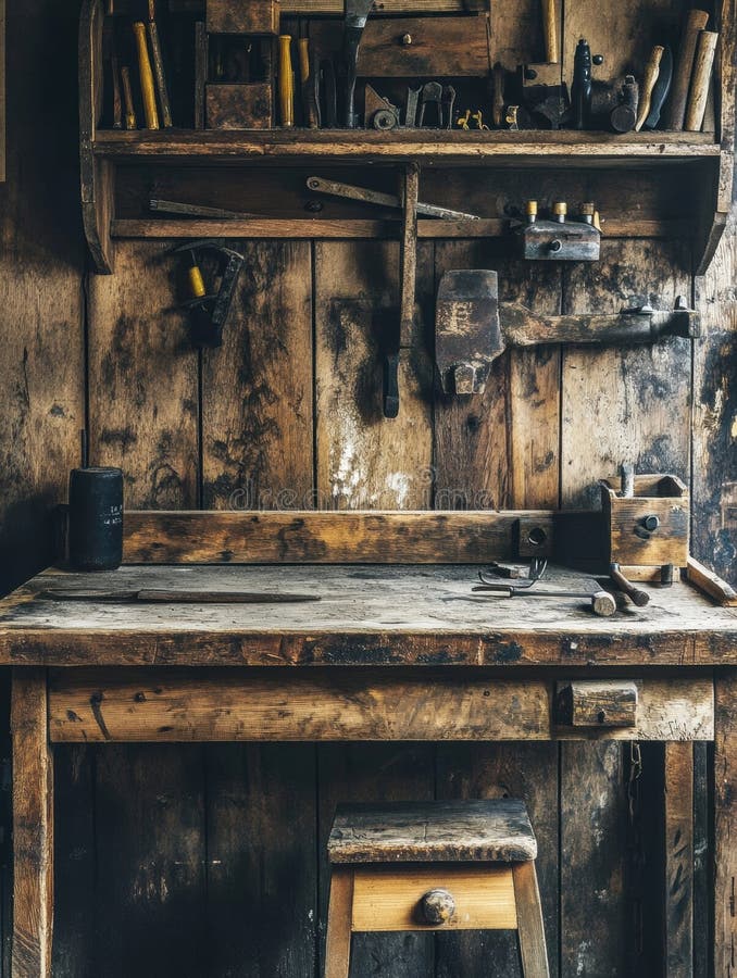 Old Wooden Workbench Filled with Worn Tools Showcases a Rustic ...
