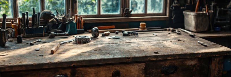 Old Wooden Workbench Filled with Worn Tools Under Natural Light in ...
