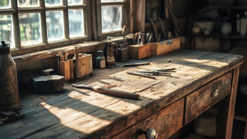 Old Wooden Workbench with Worn Tools and Natural Light in a Rustic ...