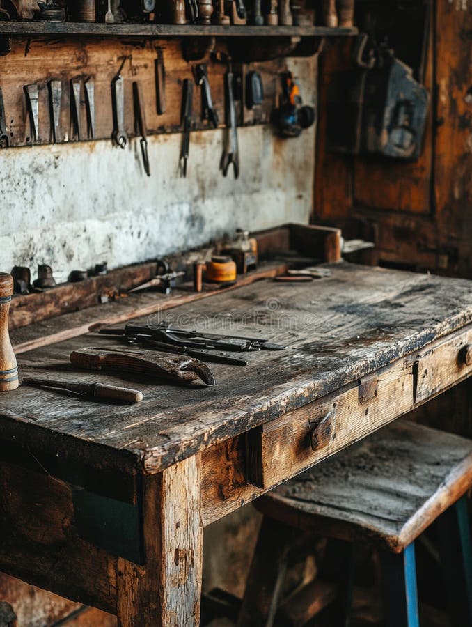 Old Wooden Workbench with Worn Tools and Stains Illuminated by Natural ...