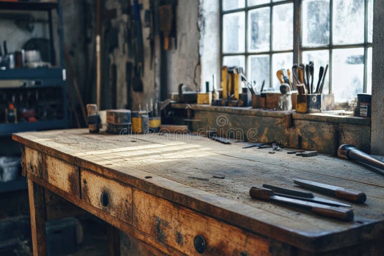 Old Wooden Workbench with Worn Tools and Stains in a Rustic Workshop ...