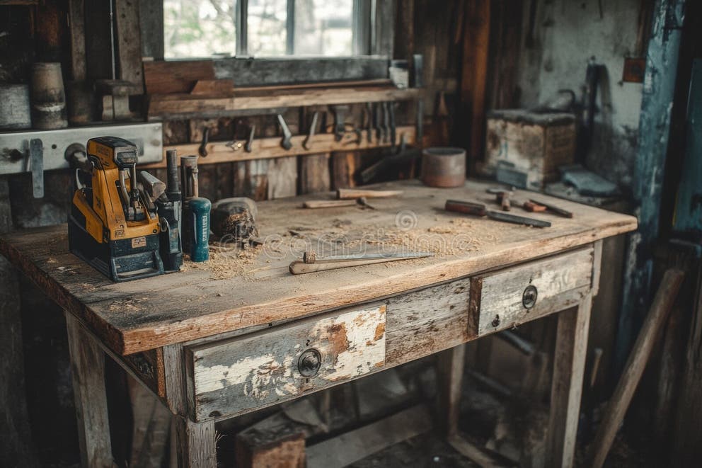 Old Wooden Workbench with Worn Tools and Unique Character Illuminated ...