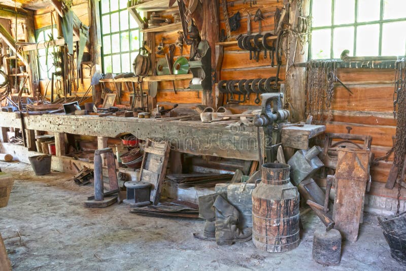 Old Woodworkers Shop with a Vintage Woodworkers Bench Stock Photo ...