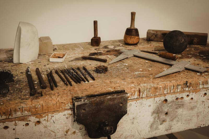 Old Woodworking Hand Tool: Wooden Plane, Chisel Ax Stock Photo - Image ...