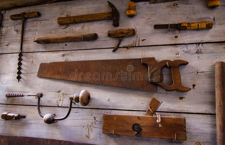 Old work tools on a board stock photo. Image of historic - 185021640