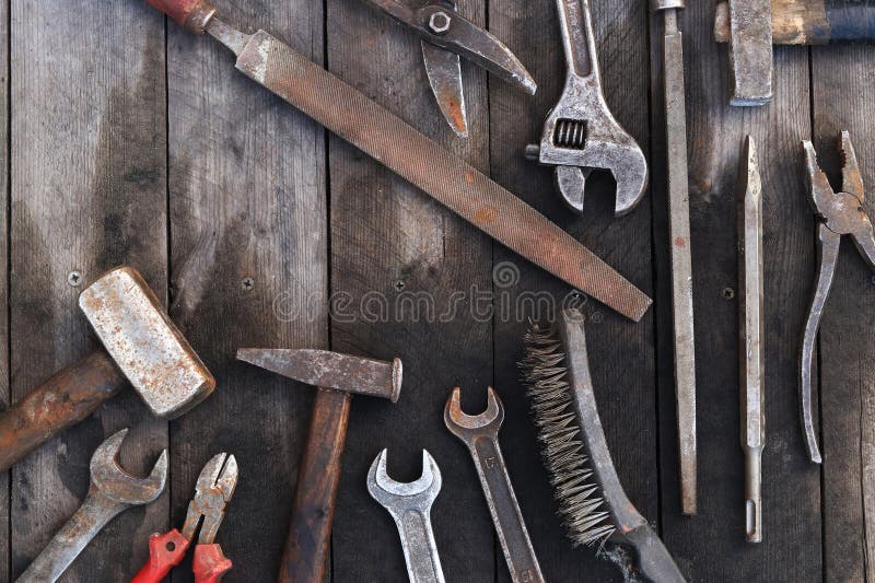 Old Work Tools on a Wooden Plank Surface, Top View Stock Photo - Image ...