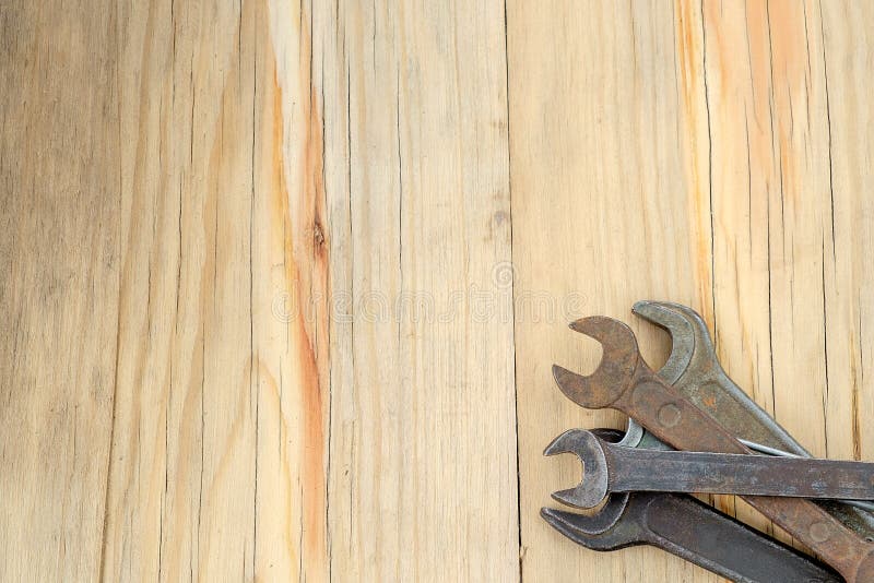 Old Work Tools Spanner, Wrench on a Wooden Table. Stock Photo - Image ...