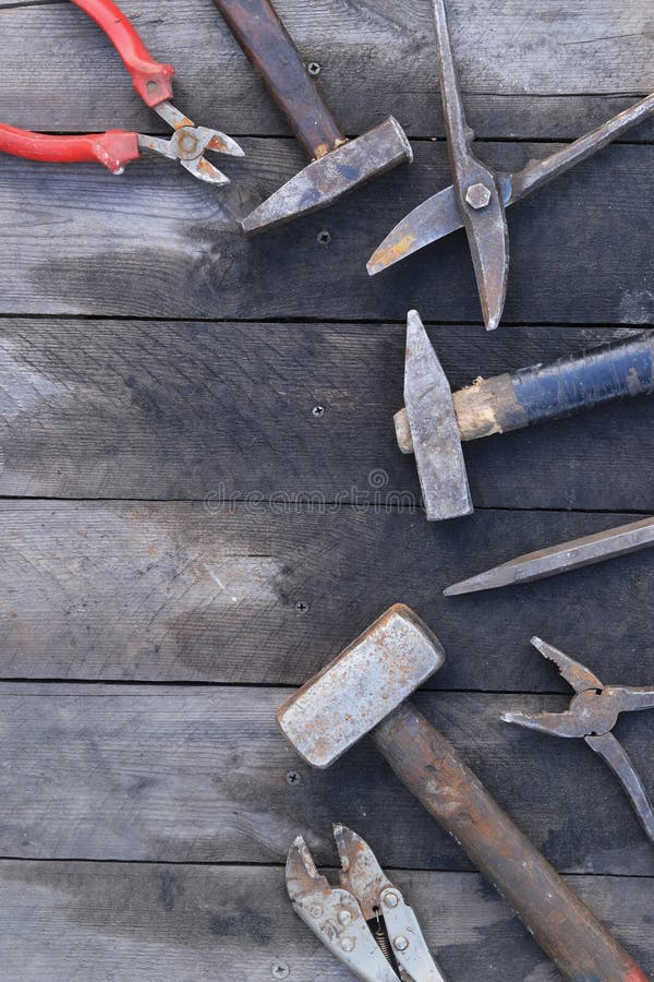 Old Work Tools on a Wooden Plank Surface. Hand Tool Stock Image - Image ...