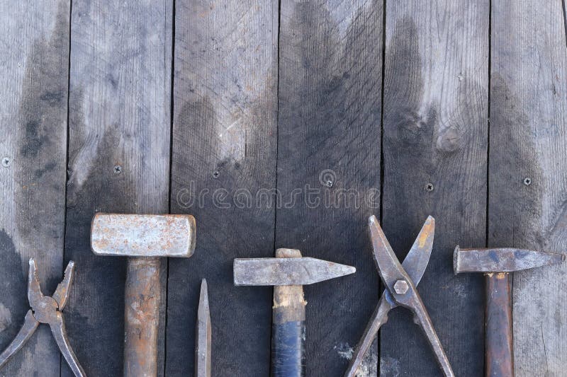 Old Work Tools on a Wooden Plank Surface. Hand Tool Stock Photo - Image ...