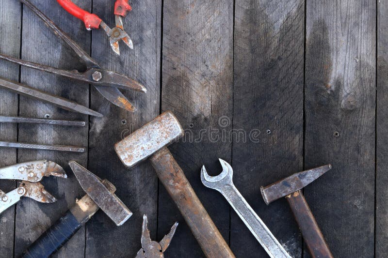 Old Work Tools on a Wooden Plank Surface, Top View Stock Image - Image ...