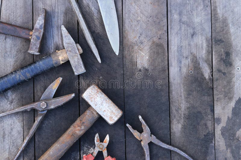 Old Work Tools on a Wooden Plank Surface, Top View Stock Image - Image ...