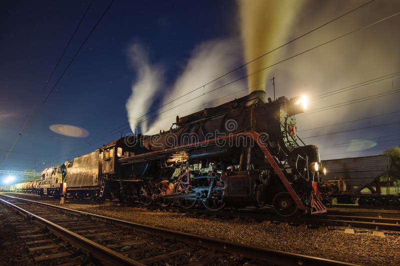 Old Working Steam Locomotive on Railway at Night Stock Image - Image of ...