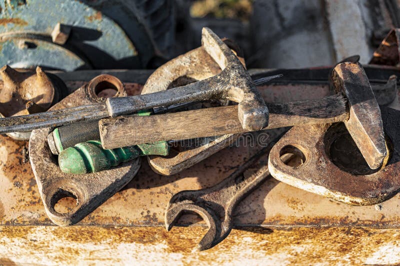 Old Working Tool at the Construction Site. Keys, Hammer, Screwdriver ...