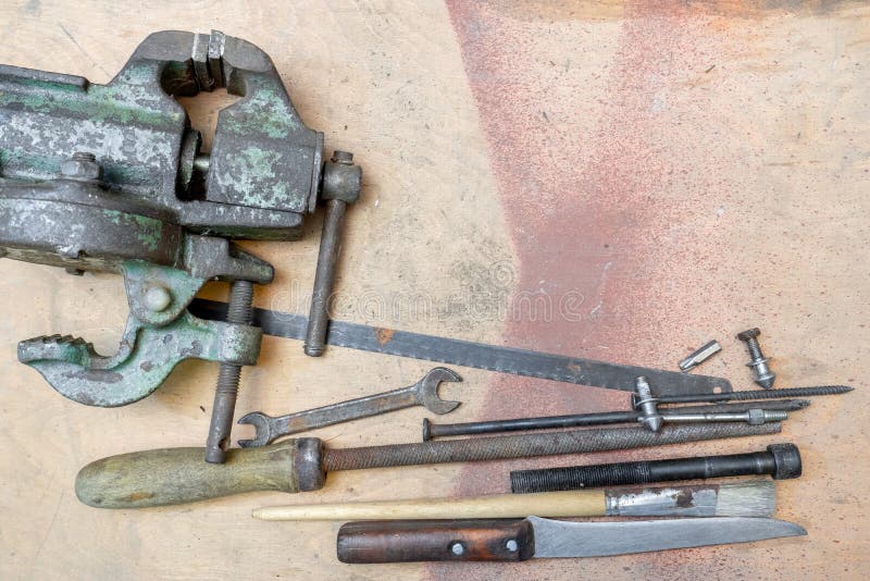 Old Working Tools on Painted Wooden Rustic Background with Space for ...