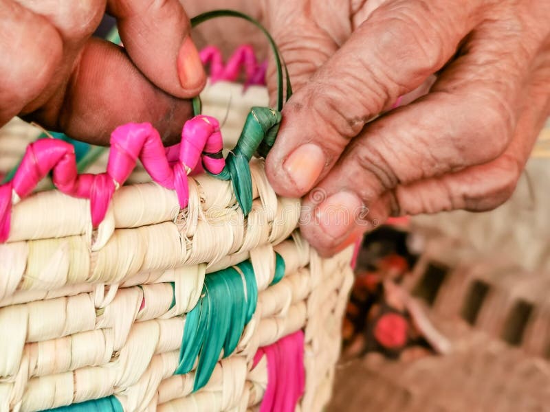 An Old Working Woman and Making Handcraft by Dried Palm Tree Leaves ...