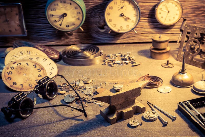 Old Workshop with Parts of Clocks and Tools Stock Image - Image of ...