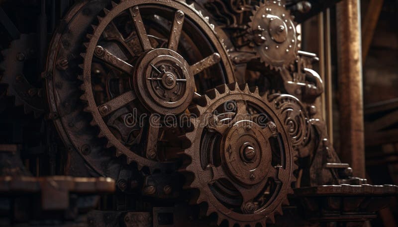 Old Workshop Rusty Robot Interlocked with Antique Industrial Equipment ...