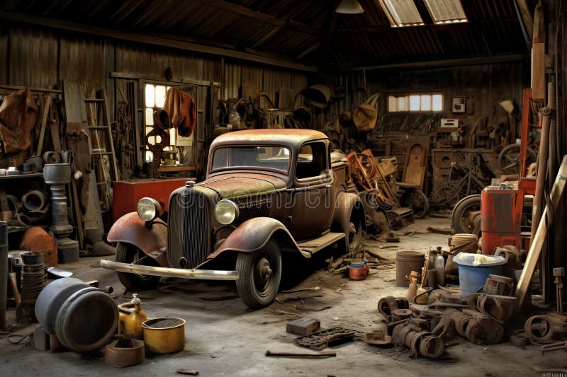 Old Workshop with Scattered Tools and Abandoned Retro Vintage Car Stock ...