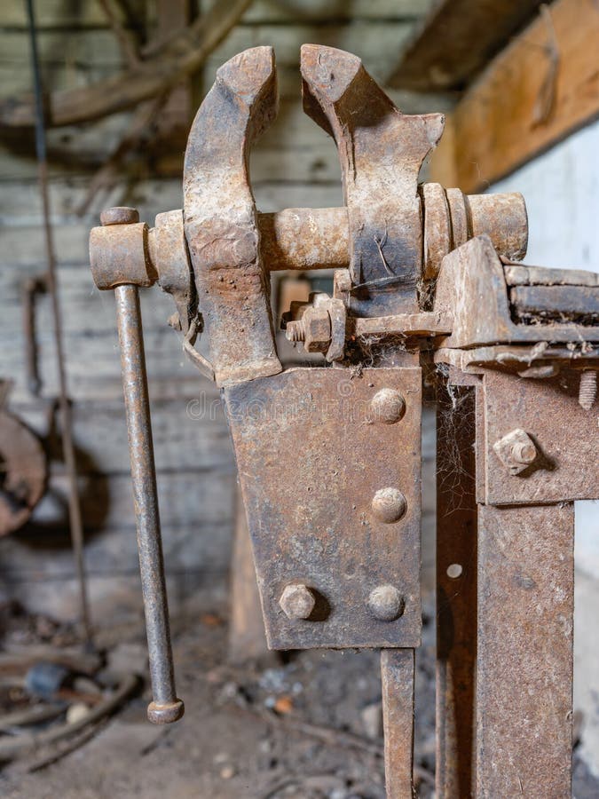 Old Workshop Smith Details with Rusty Tools and Stone Walls Stock Image ...