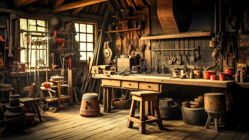 Old Workshop with Tools and Instruments. Vintage Style Toned Picture ...
