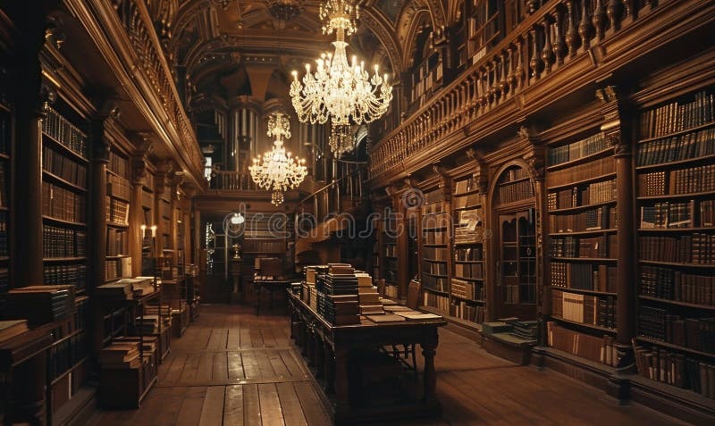 Old-world Library Scene Featuring a Long Reading Desk Stock Photo ...