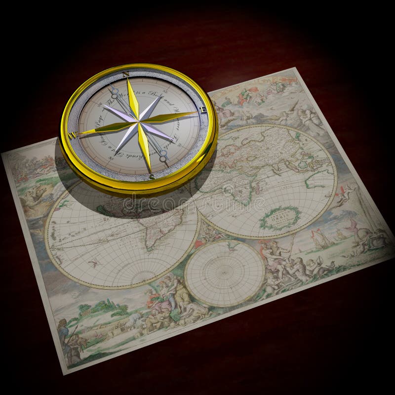 Old World Map and Compass stock illustration. Illustration of north ...