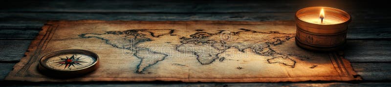 Old World Map with Compass and Candlelight Illuminating the Vintage ...