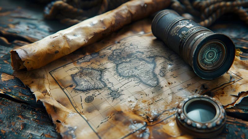 Old World Map with Compass and Telescope - Realistic Image Stock Photo ...