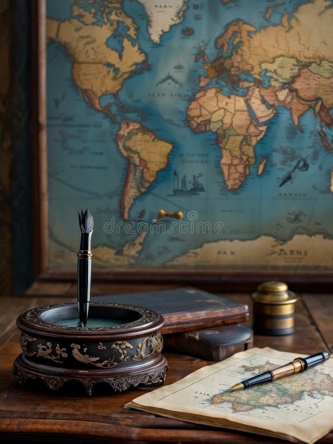 Old World Map with Compass and Vintage Pen. Stock Illustration ...