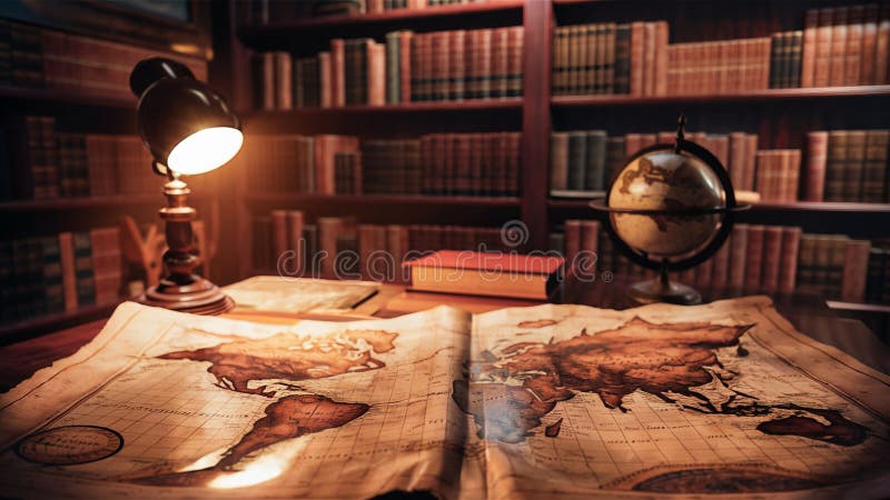 Antique World Map in a Warm Library Setting Stock Illustration ...