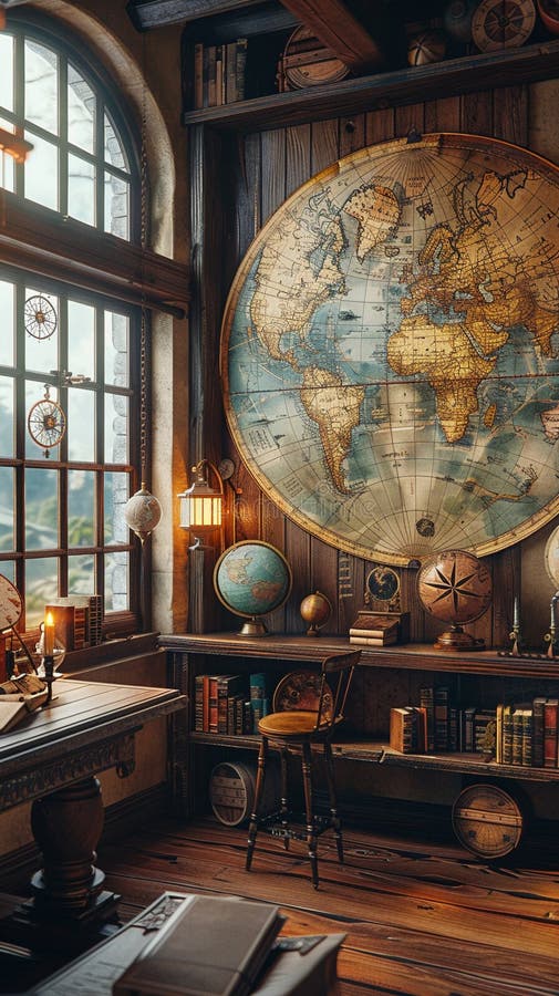 Old-world Map Room with Globes and Antique Navigation Tools3D Render ...