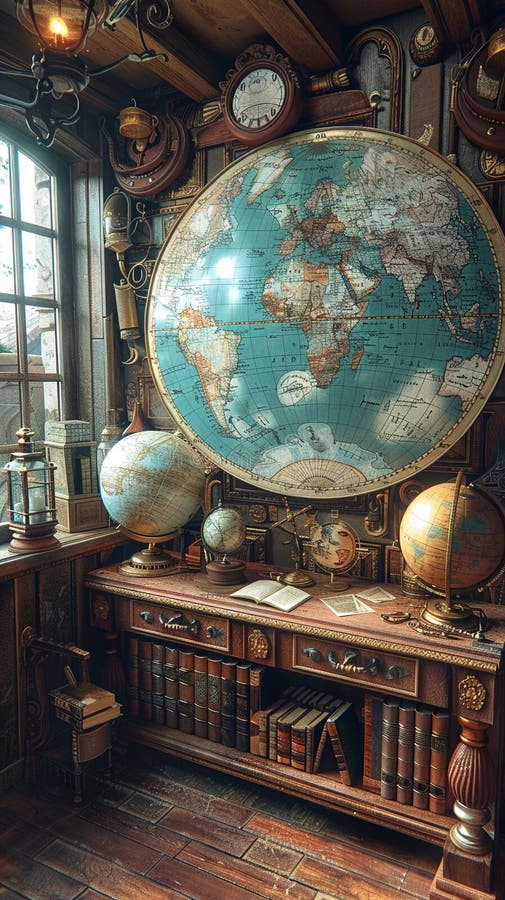 Old-world Map Room with Globes and Antique Navigation Tools3D Render ...