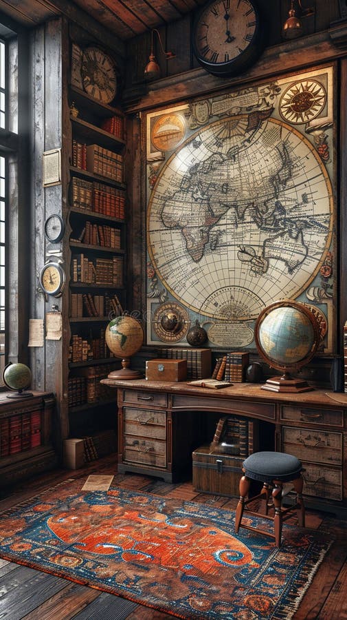 Old-world Map Room with Globes and Antique Navigation Tools3D Render ...