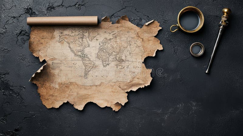 Old World Map on Textured Surface with Vintage Tools and Parchment ...