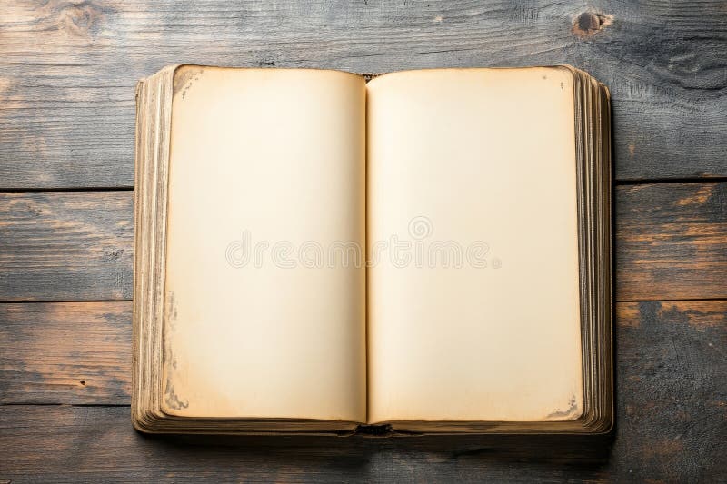 An Old, Worn Book with Yellowed Pages Open on a Rustic Wooden Plank ...
