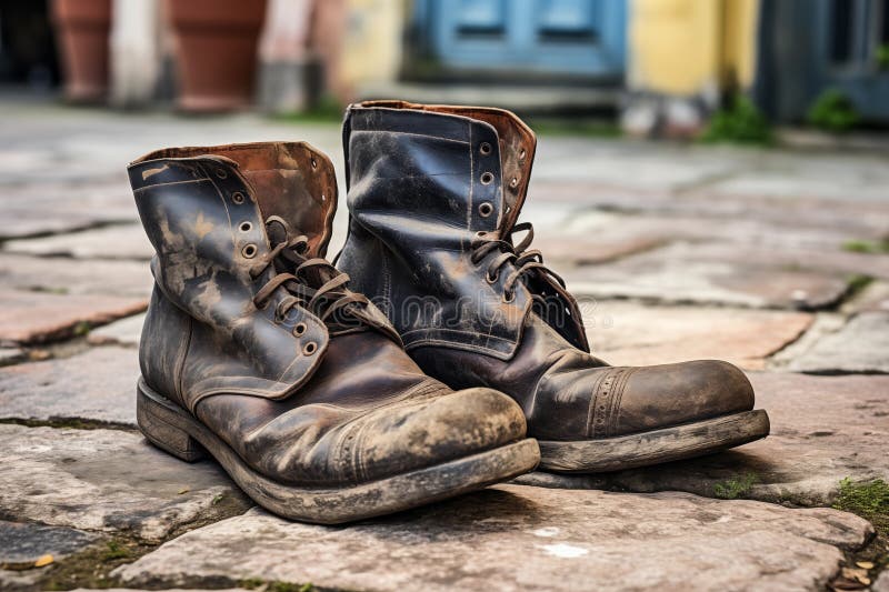 Old Worn Boots on Cobblestone. Stock Photo - Image of generated, boots ...