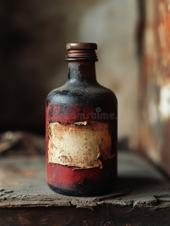An Old, Worn Bottle with a Faded Label on a Rustic Surface. Stock Image ...