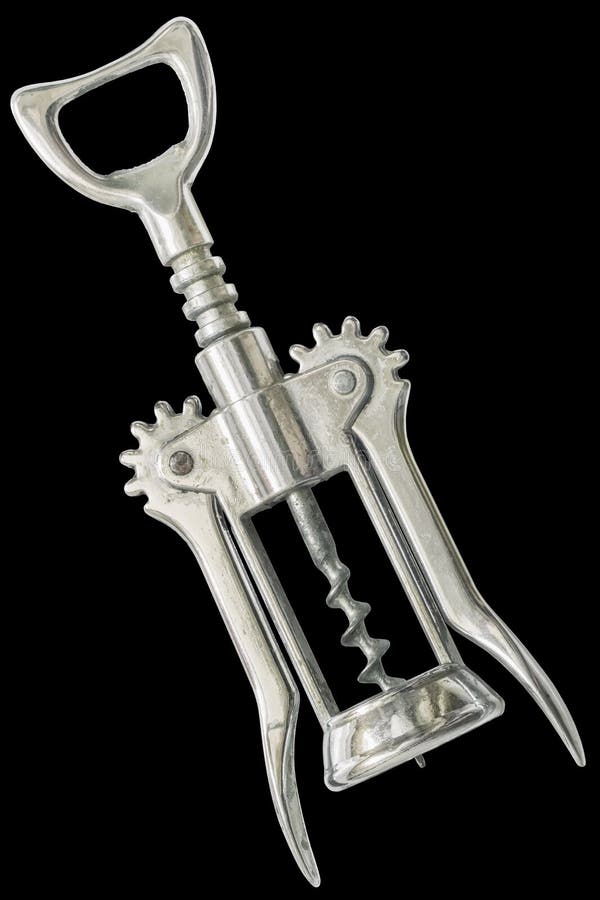 Old Worn Chrome Plated Wing Corkscrew Reverse Side Isolated on Black ...